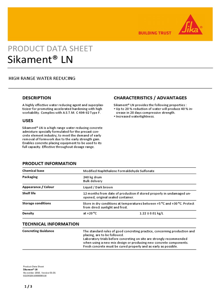 Sikament® LN: Product Data Sheet | PDF | Concrete | Materials