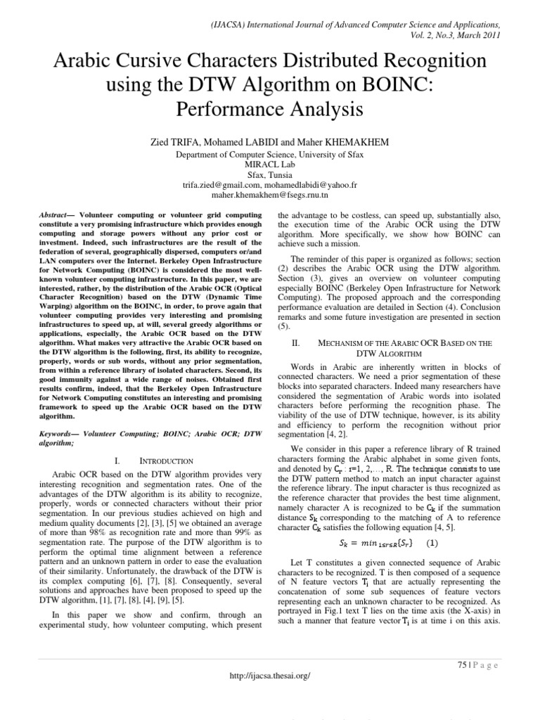 Arabic Cursive Characters Distributed Recognition Using The DTW Algorithm On BOINC Performance ...