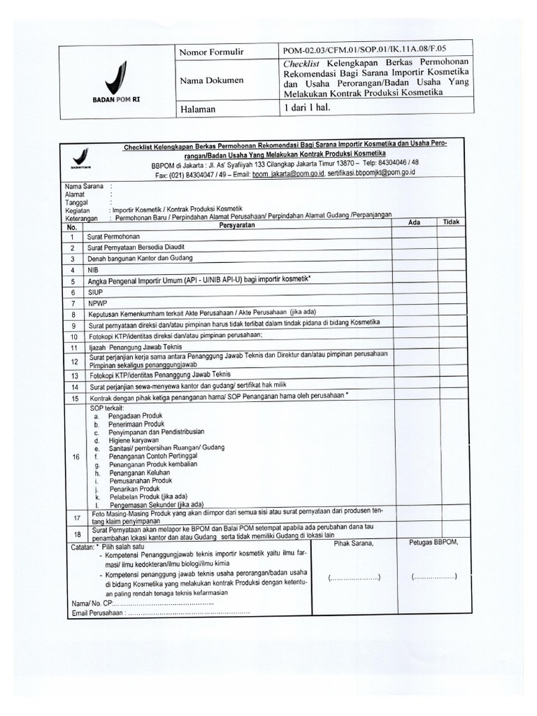 Checklist Kelengkapan Berkas Permohonan Rekomedasi Bagi Sarana Import ...
