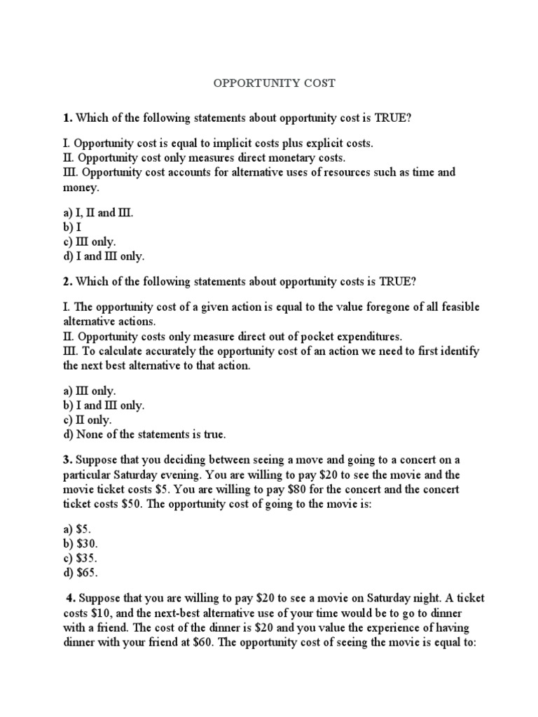 Opportunity Cost Practice Questions | PDF | Opportunity Cost | Cost