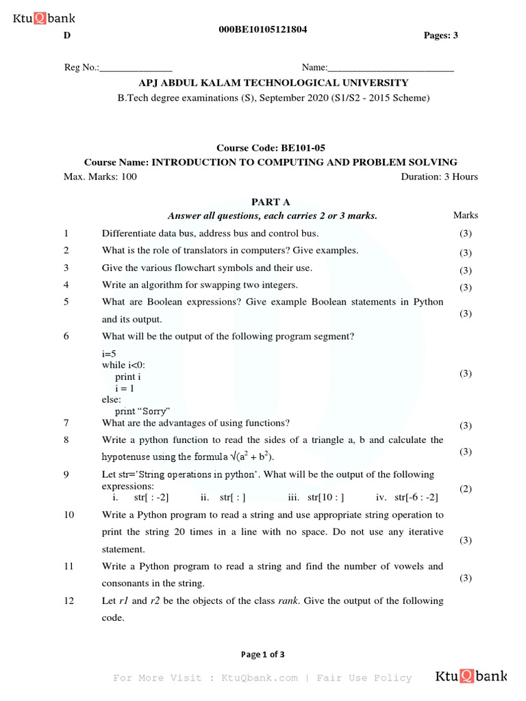 2020 11 03SupplementaryBE101 05BE10105 I Ktu Qbank | PDF | Python (Programming Language ...