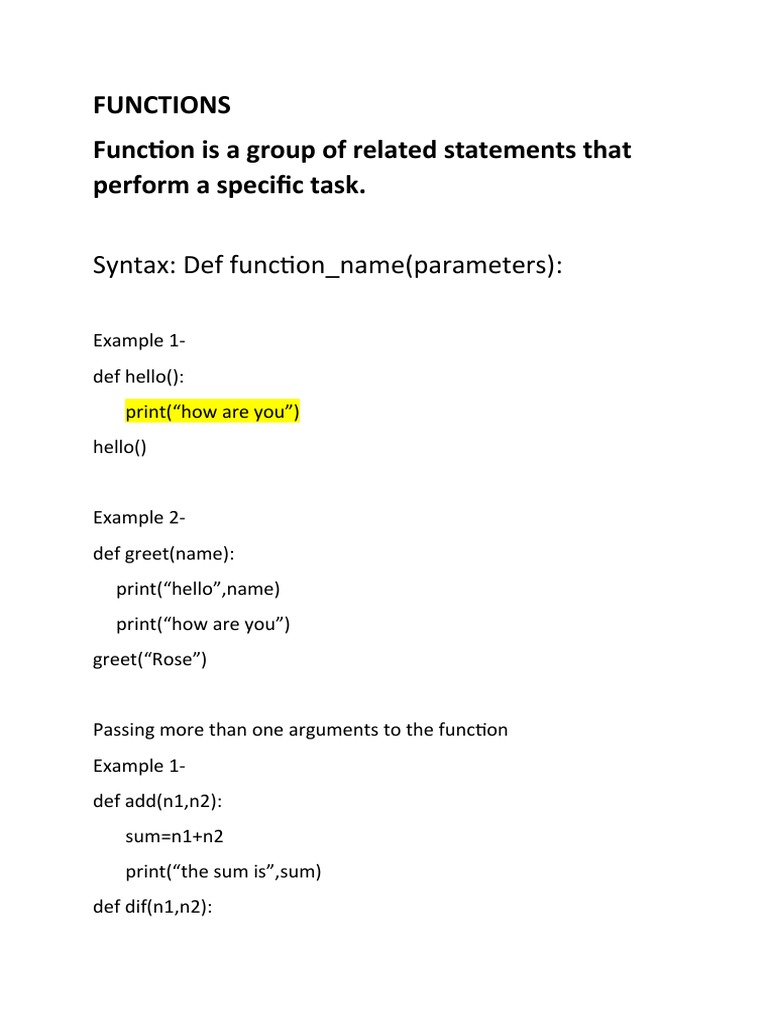 Functions In Python Examples Syntax And Built In Functions Pdf Parameter Computer