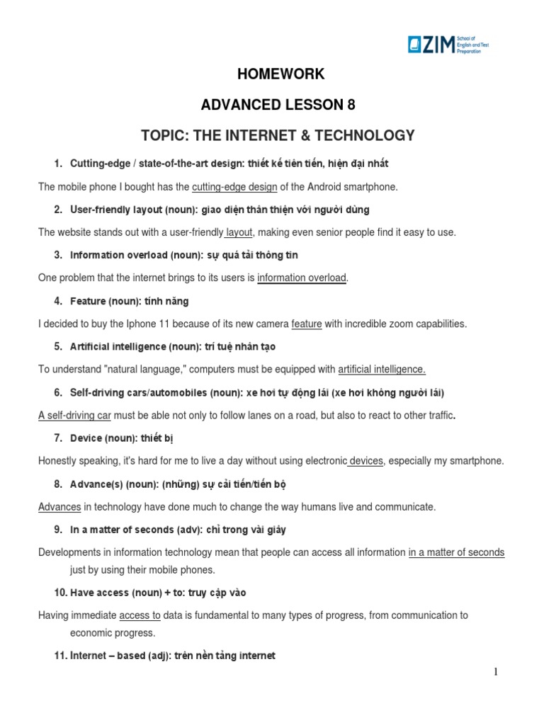 Topic: The Internet & Technology: Homework Advanced Lesson 8 | PDF ...