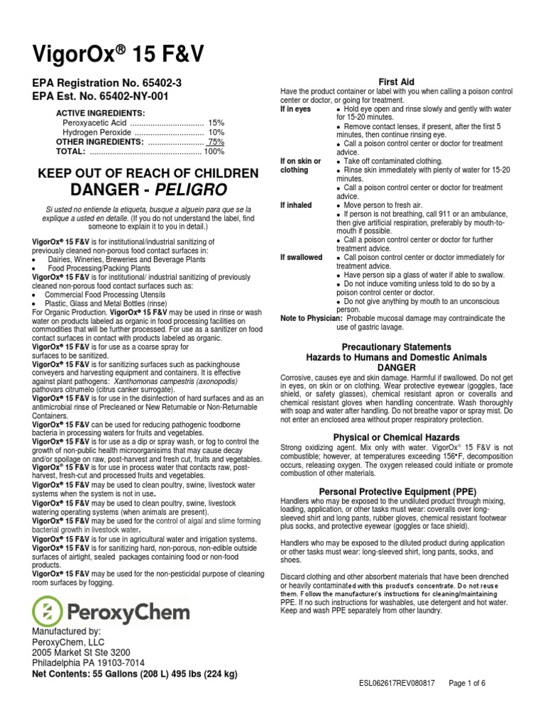Vigorox 15 F&V: Danger - Peligro | PDF | Waste Management | Disinfectant