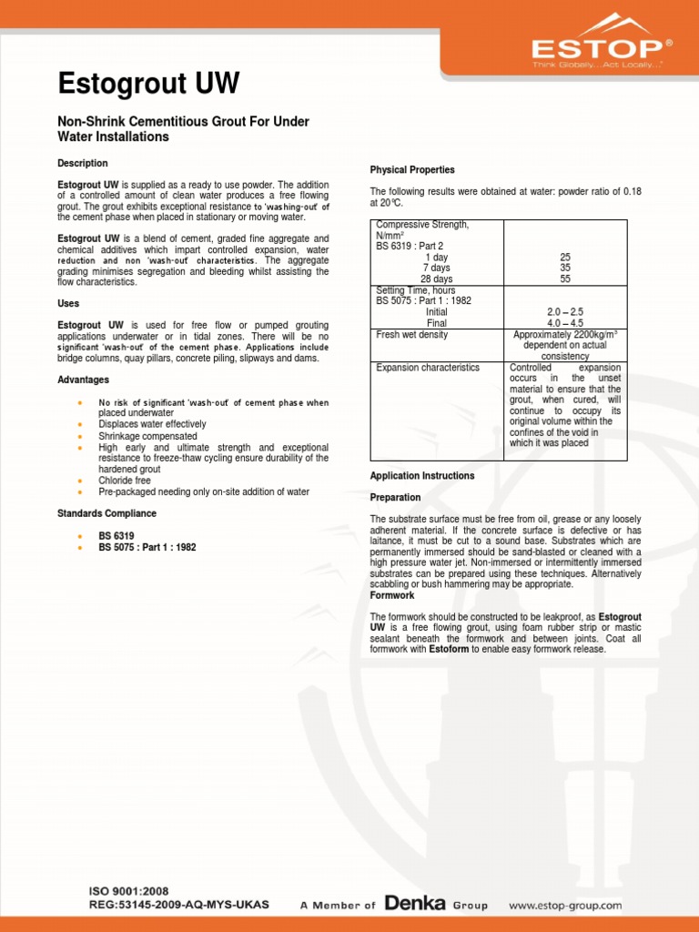 Grout - Estogrout UW - Data Sheet - 120404 | PDF | Cement | Concrete