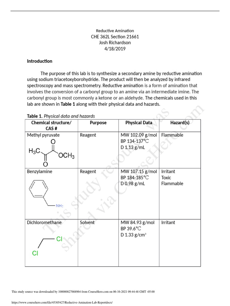 Reductive Amination Lab Report - Docx-1 | PDF | Unit Processes ...