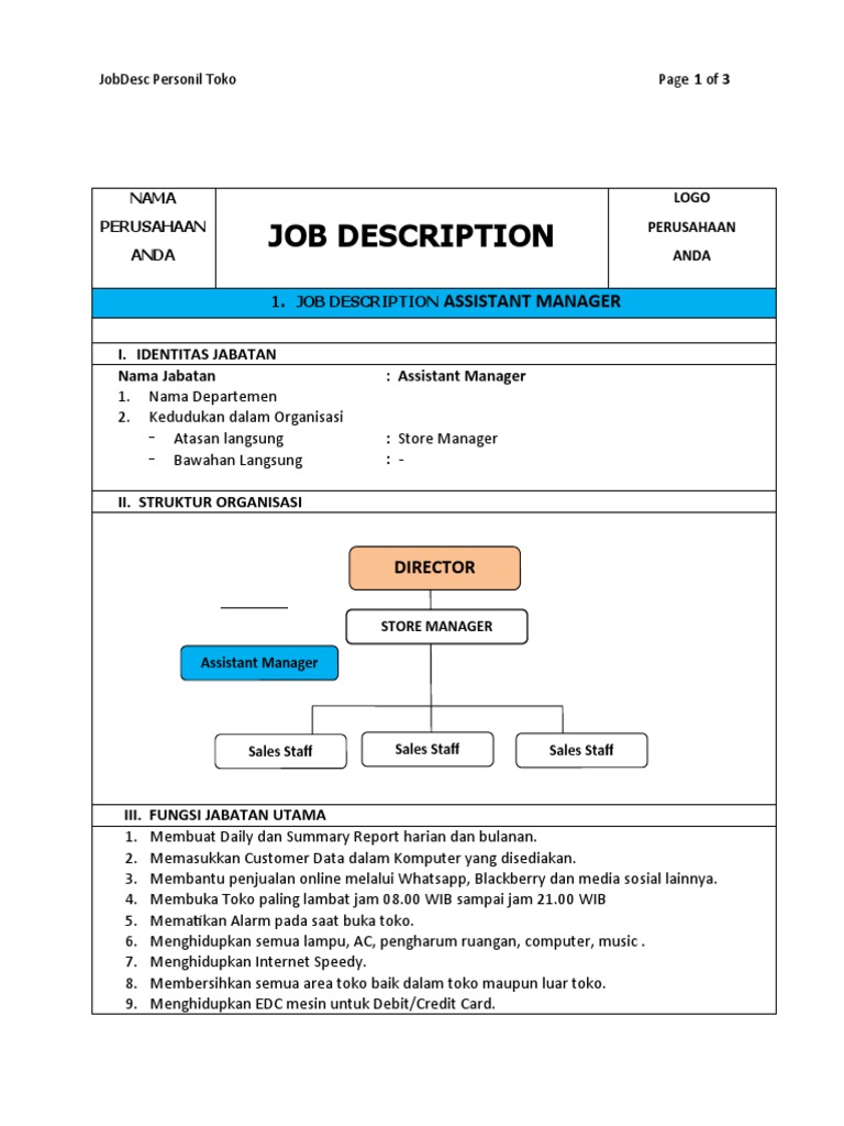 Contoh Jobdesc Asisten Manager | PDF