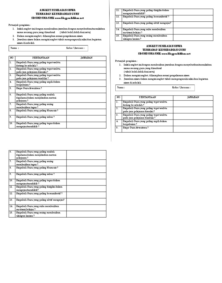 Contoh Angket Penilaian Siswa Terhadap Guru 2 | PDF Contoh Angket Penilaian Siswa Terhadap Guru 2 | PDF