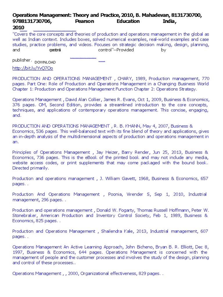 Operations Management: Theory and Practice, 2010, B. Mahadevan ...