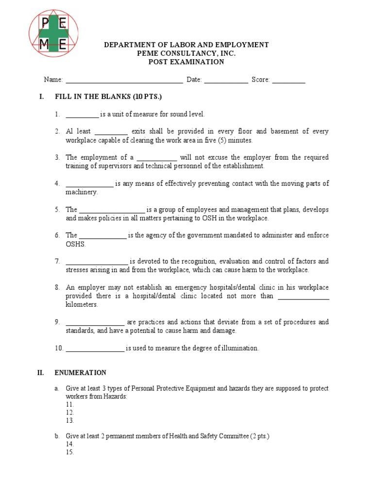 Cosh Post Test New Jbe | PDF | Occupational Safety And Health | Business