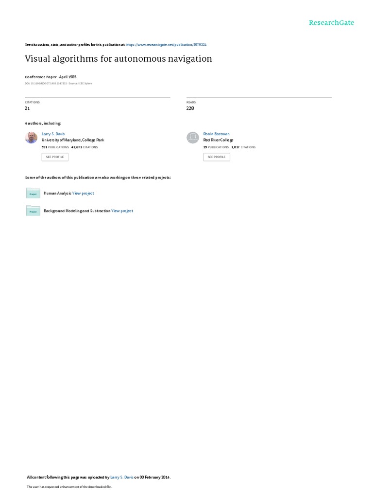 Visual Algorithms For Autonomous Navigation: April 1985 | PDF