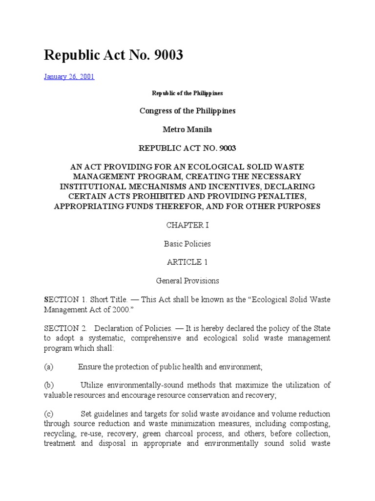 Republic Act No. 9003: January 26, 2001 | PDF | Waste Management ...
