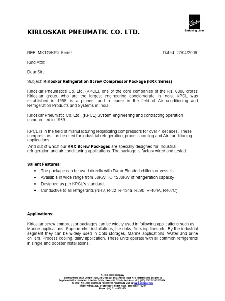 Introductory Letter - KRX SERIES | PDF | Air Conditioning | Refrigeration