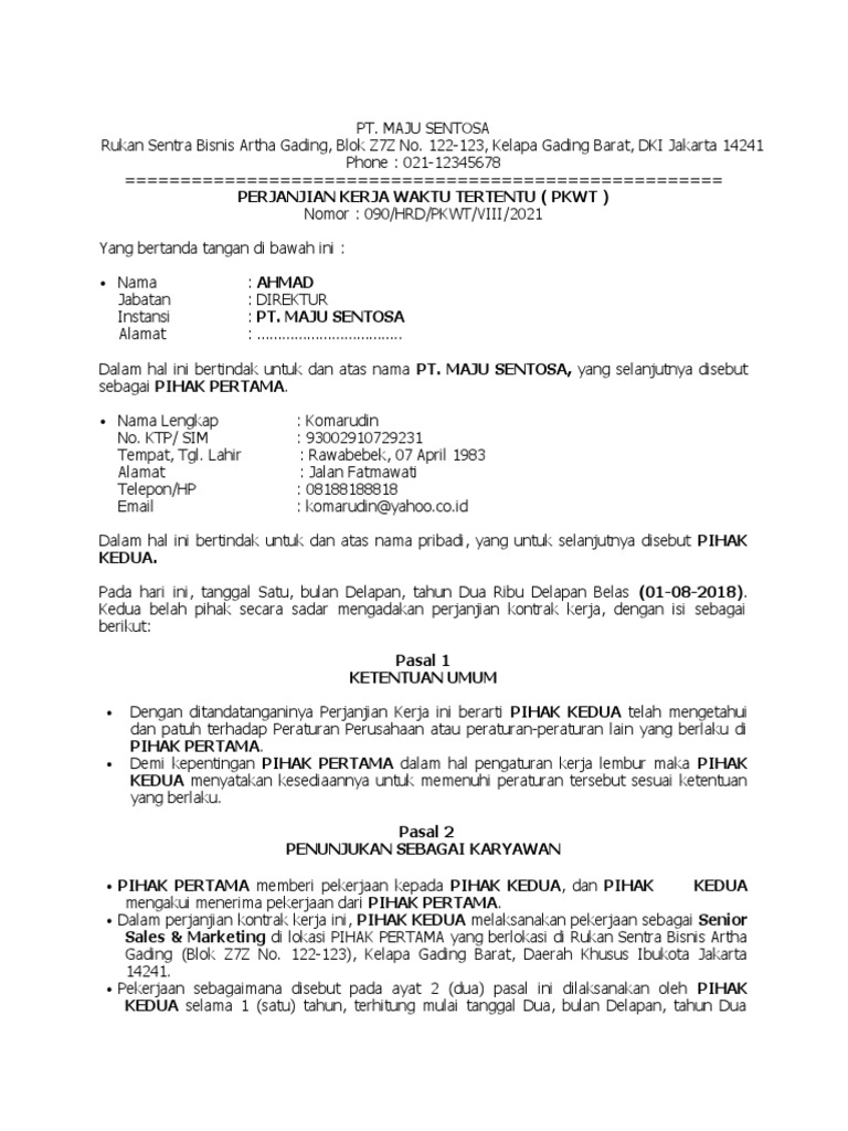 Contoh Surat Perjanjian Kerja Waktu Tertentu | PDF