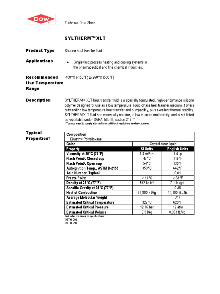 Syltherm XLT: Property SI Units English Units | PDF | Liquids | Viscosity