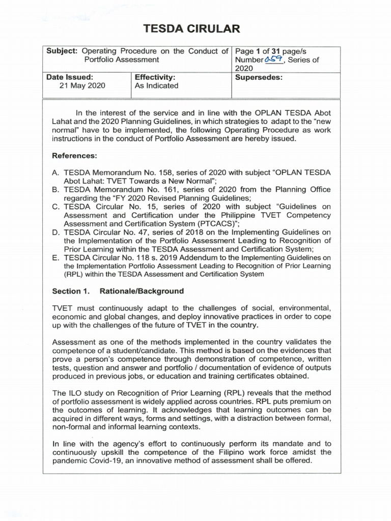TESDA Portfolio Assessment Guidelines | PDF | Competence (Human ...