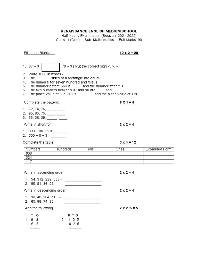 Math Question Class 1 | PDF | Mathematics