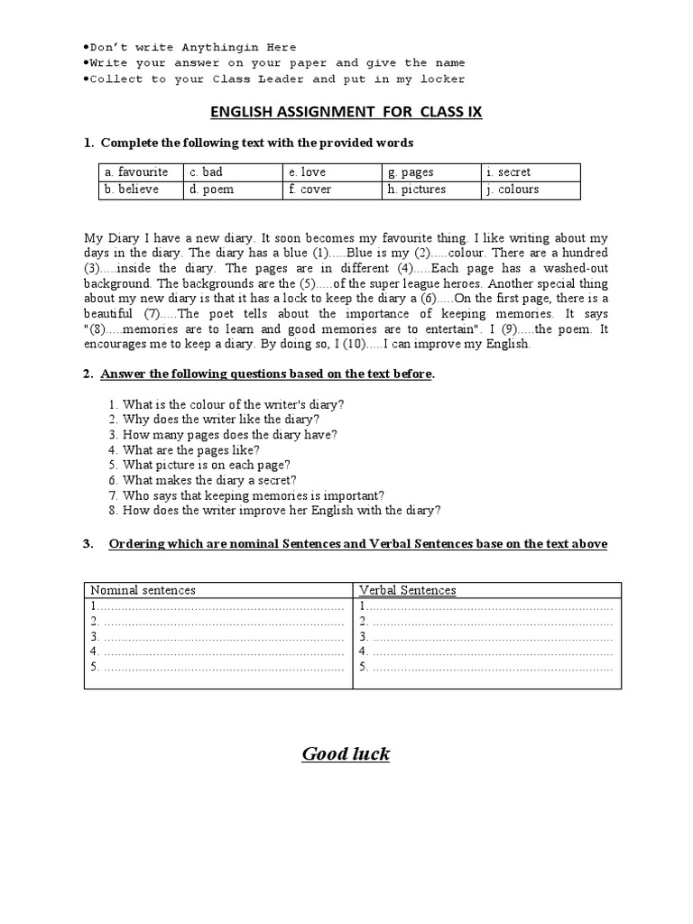 English Assignment For Class Ix: Good Luck | PDF | Writers