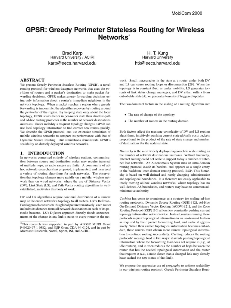 Greedy Perimeter Stateless Routing For Wireless Networks | PDF