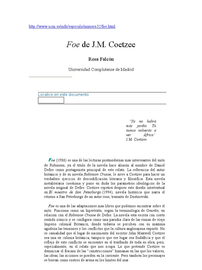 Foe de Coetzee | PDF | Novelas | Fantasmas