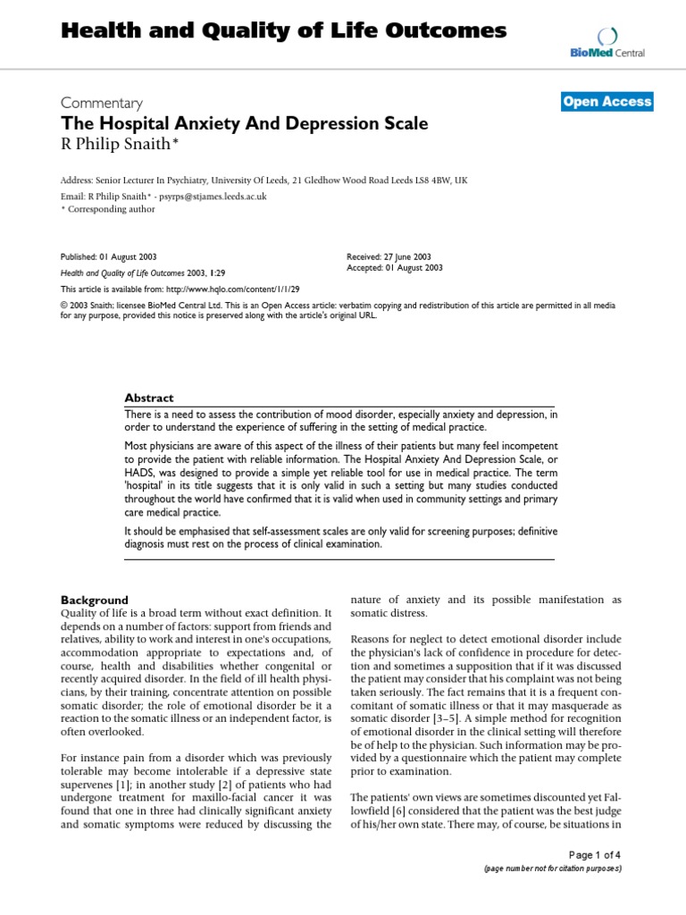 HADS The Hospital Anxiety And Depression Scale | Mental Disorder ...