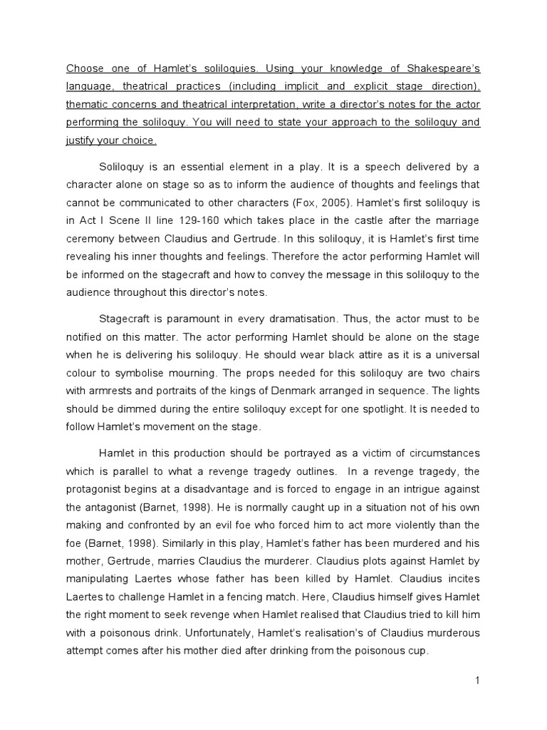 Director's Notes For Hamlet's First Soliloquy | PDF | Hamlet