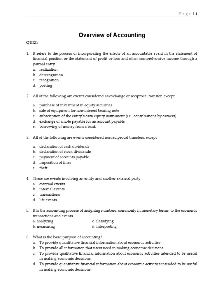 Quiz - 1 - Overview of Accounting | PDF | Financial Statement | Balance ...