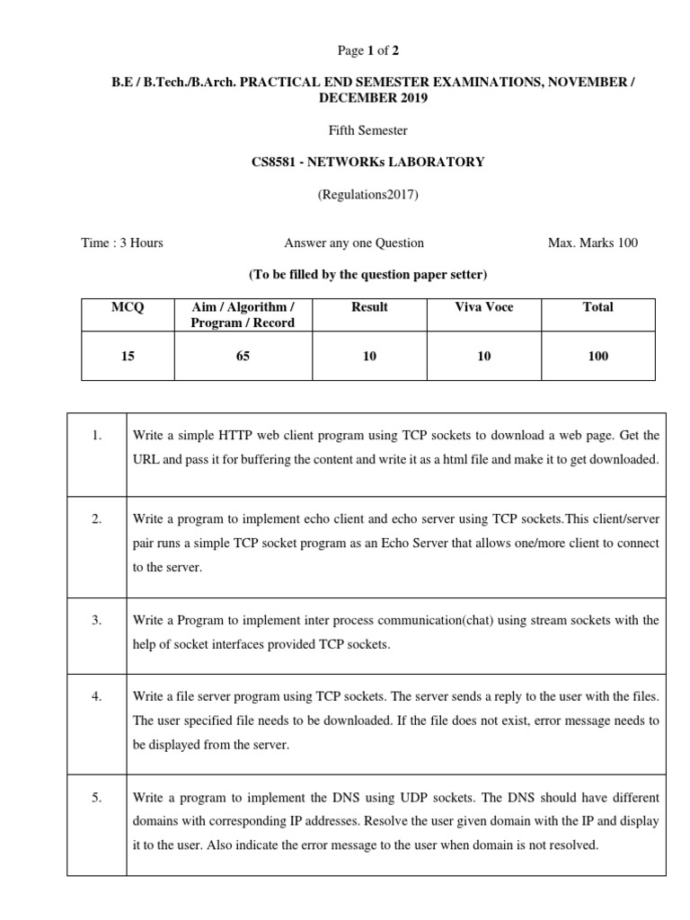 CS8581 - Network Lab - Questions | PDF | Transmission Control Protocol | Network Socket