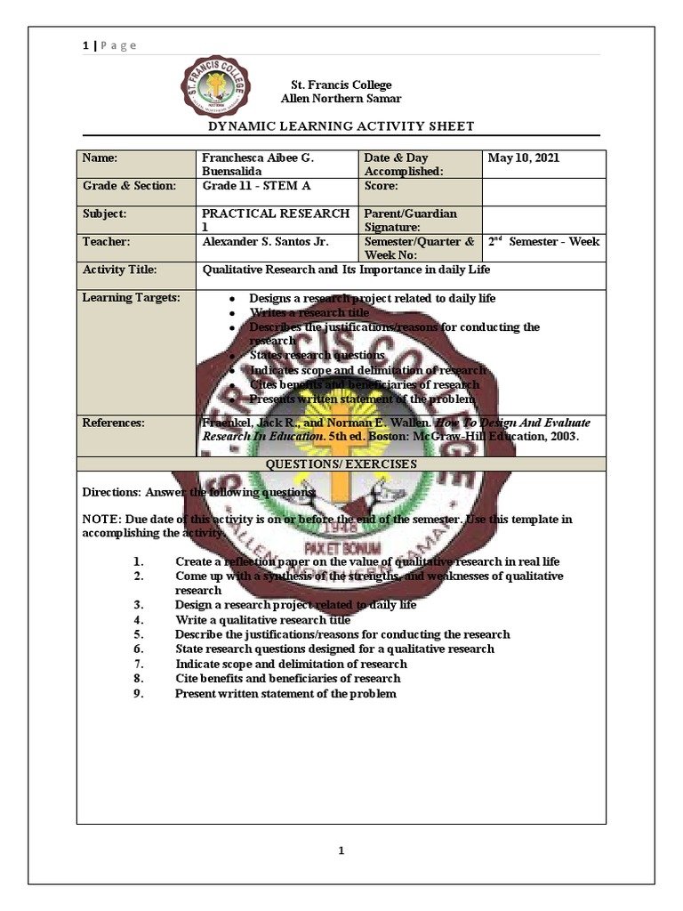 Dynamic Learning Activity Sheet: Research in Education. 5Th Ed. Boston ...