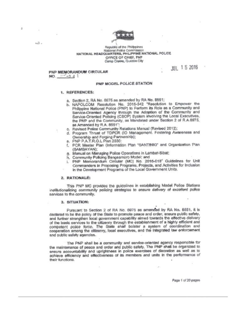 PNP Model Police Station - Memo Circular 2016 041 | PDF