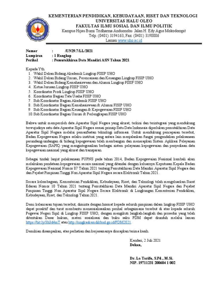 Surat Pemutakhiran Data Mandiri ASN Tahun 2021 | PDF | Ilmu Sosial | Sains & Matematika