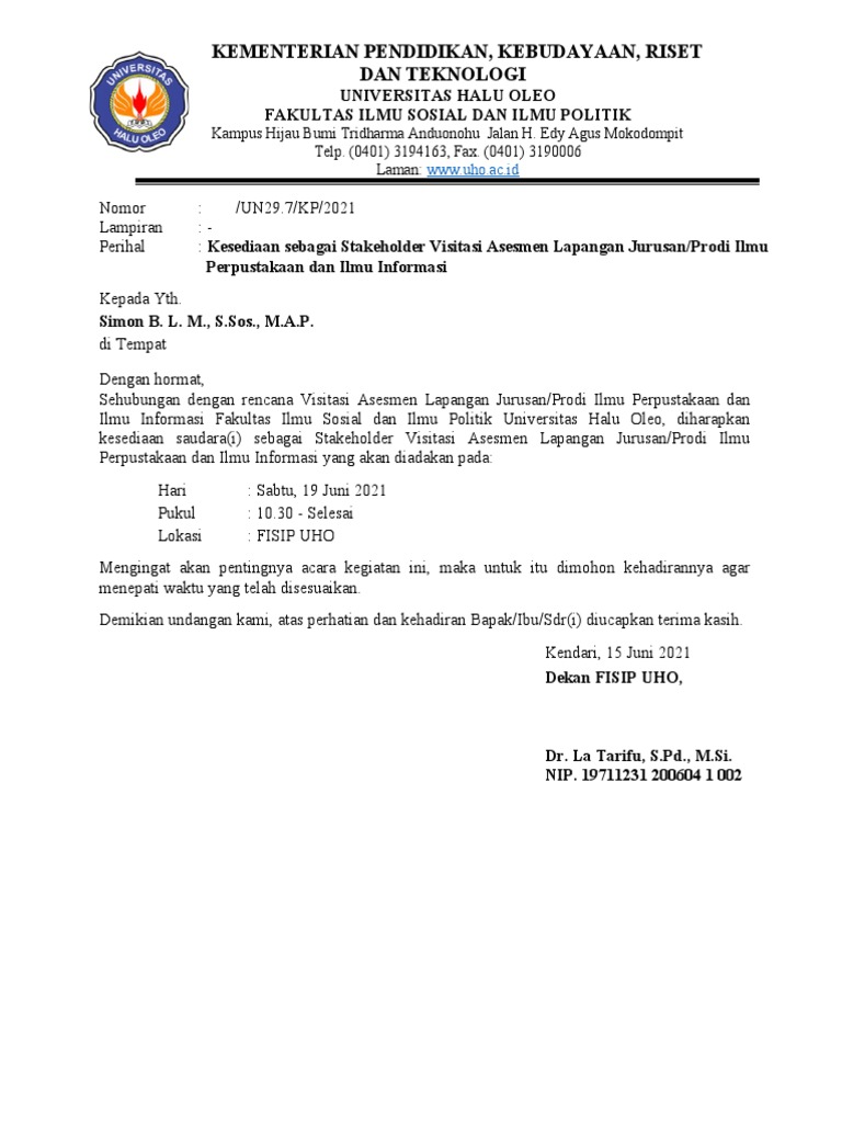 Surat Sebagai Stakeholder Visitasi Asesmen Lapangan Jurusan | PDF