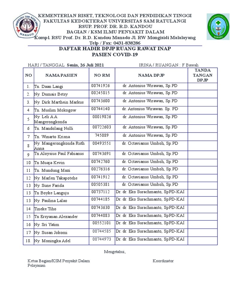 Daftar Hadir DPJP Irina Fbwh-FITN 26 Juli 2021 Malam-Pagi | PDF