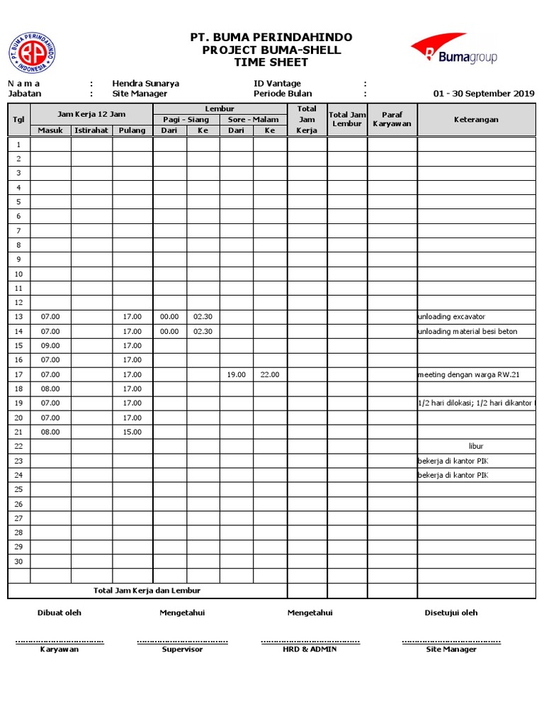 Time Sheet Karyawan PT. BUMA Perindahindo | PDF
