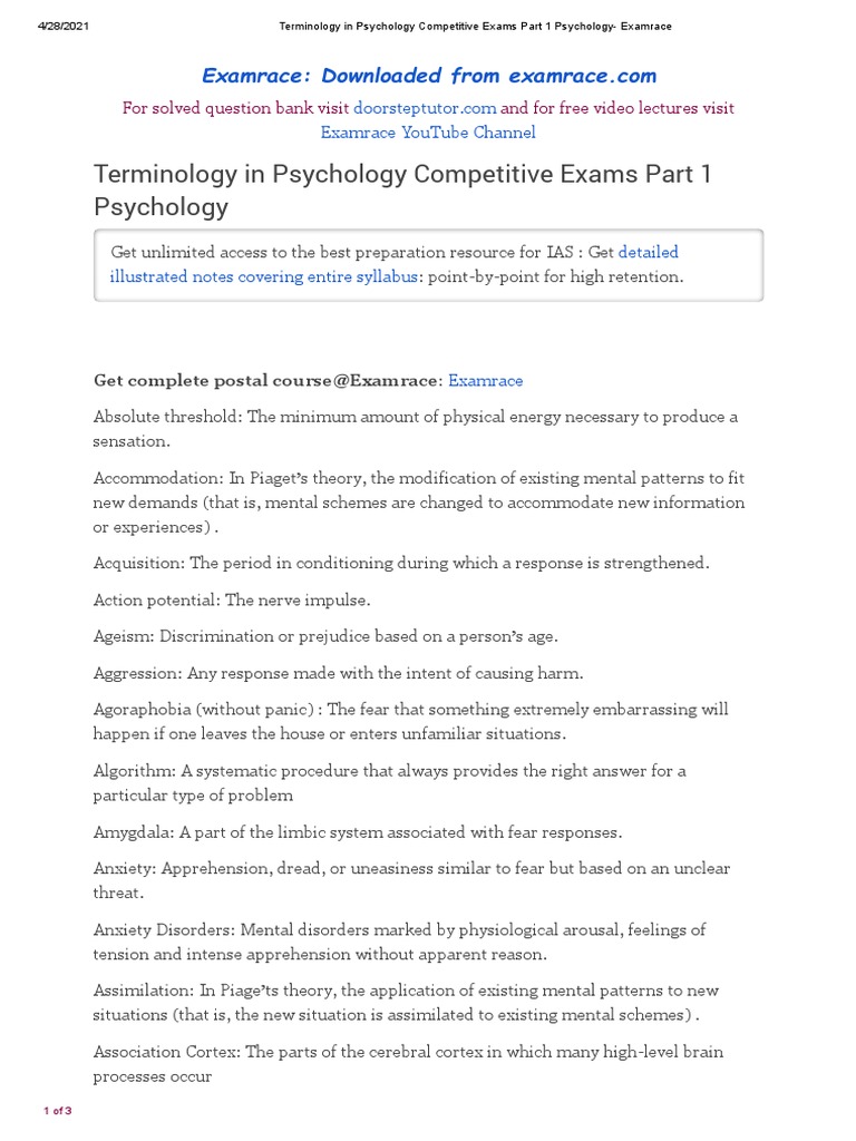 Essential Psychology Terminology for Competitive Exams Part 1 | PDF ...