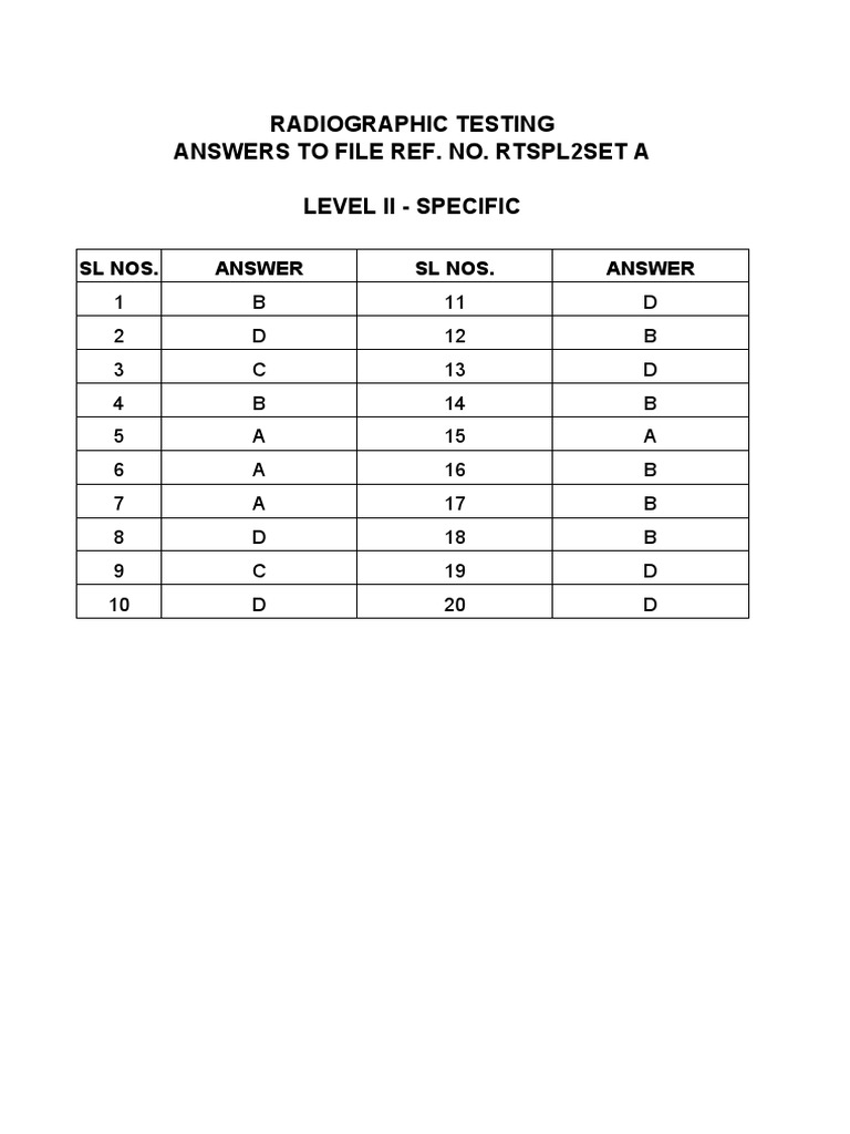 Radiographic Testing Answers To File Ref No Rtspl2set A Level Ii