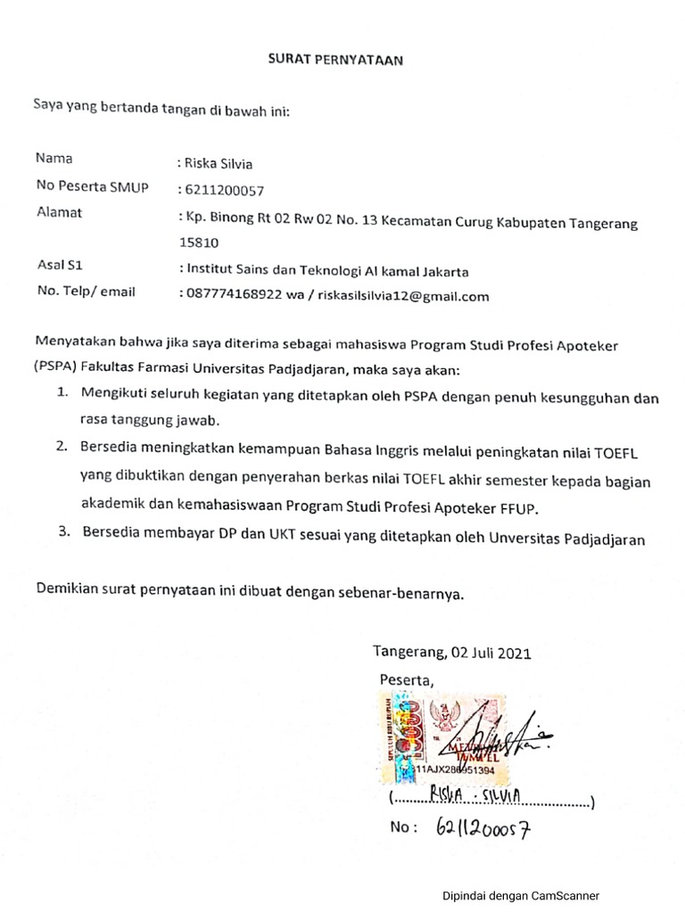 Surat Pernyataan Riska Silvia Unpad | PDF