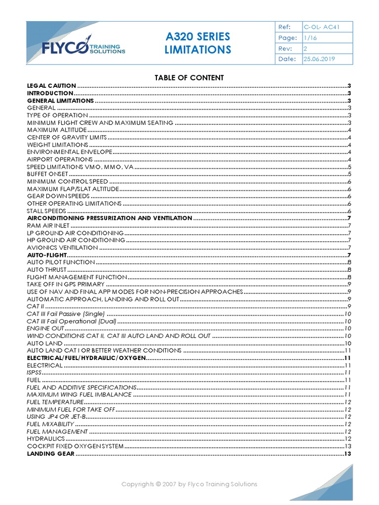 A320 Series Limitations: Table of Content | PDF | Landing Gear | Aircraft