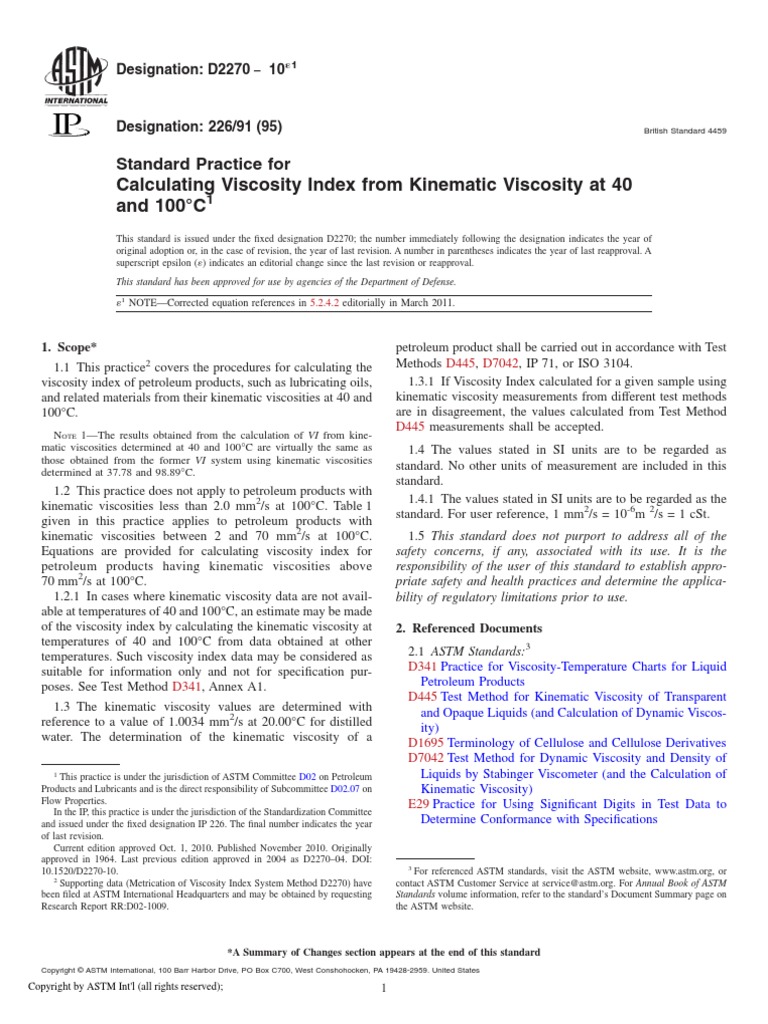 Astm D2270 11 Standard Practice For Calculating Viscosity Index