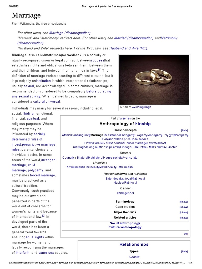 Marriage - Wikipedia, The Free Encyclopedia | PDF | Marriage | Kinship