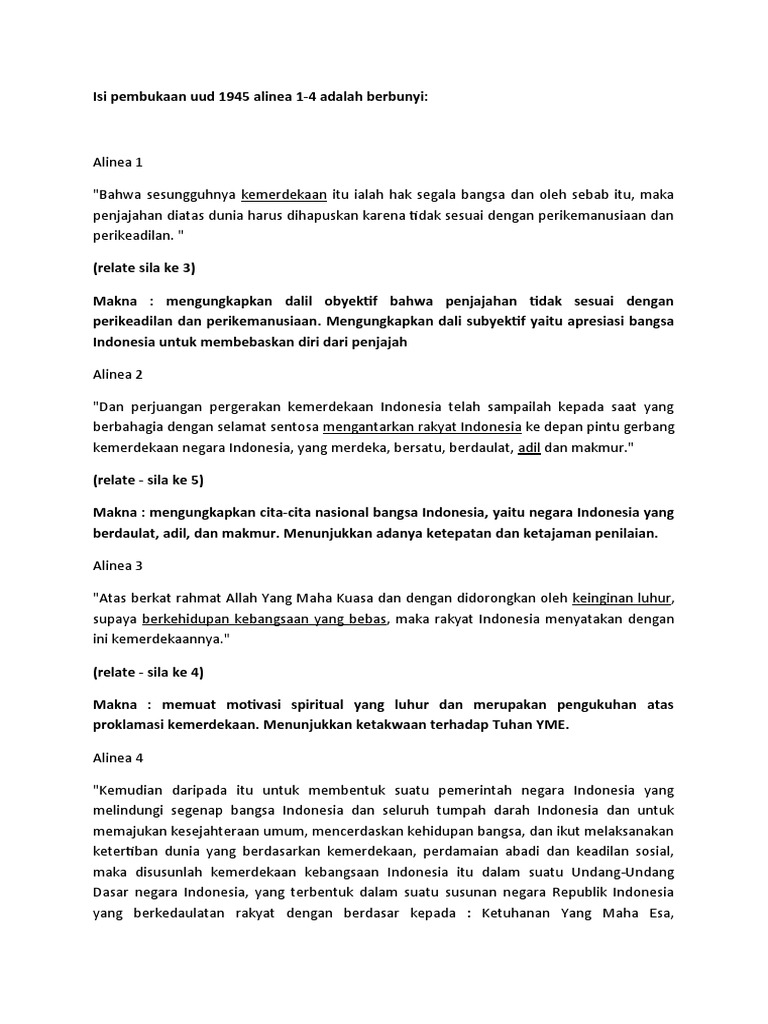 Isi Pembukaan Uud 1945 Alinea 1-4 | PDF