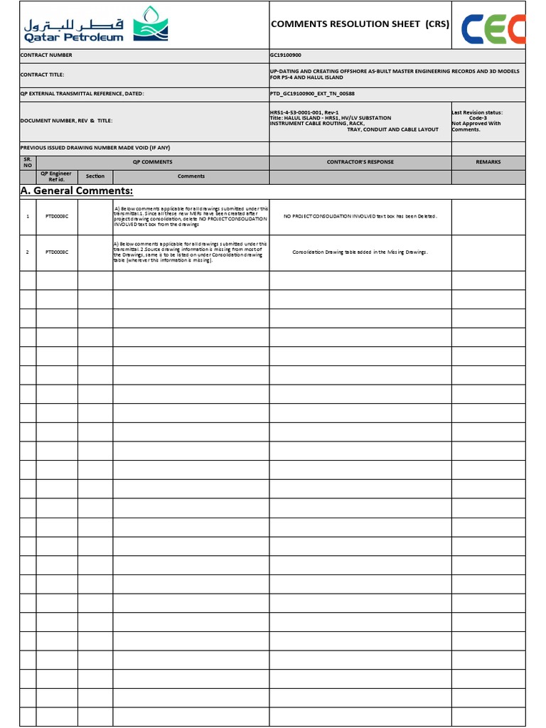 A. General Comments:: Comments Resolution Sheet (CRS) | PDF