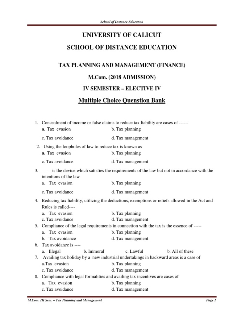 M.Com. Tax Planning & Management Quiz | PDF | Expense | Taxes