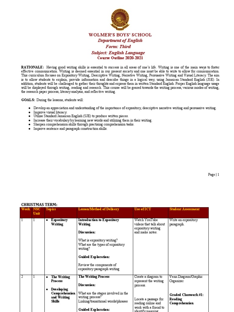 English Language Course Outline 2020-2021 WBS | PDF | Reading ...