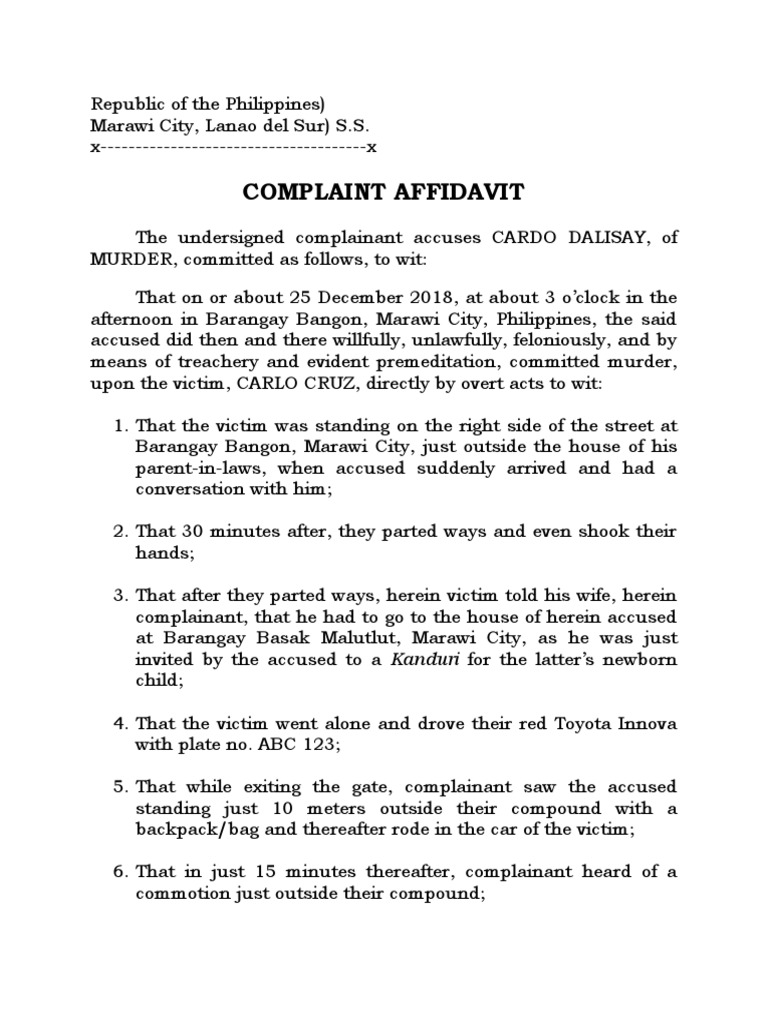 Complaint Affidavit Criminal | PDF | Murder | Criminal Law