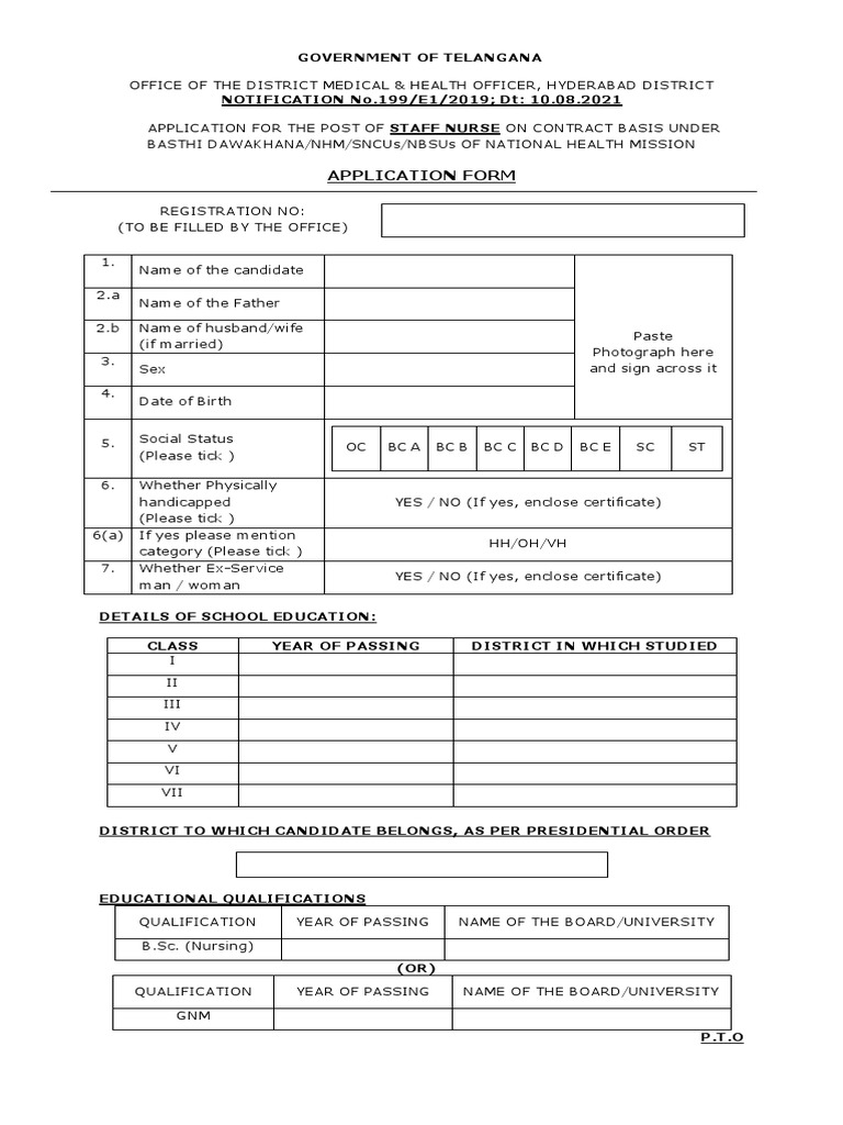 Application Form: Government of Telangana NOTIFICATION No.199/E1/2019 ...