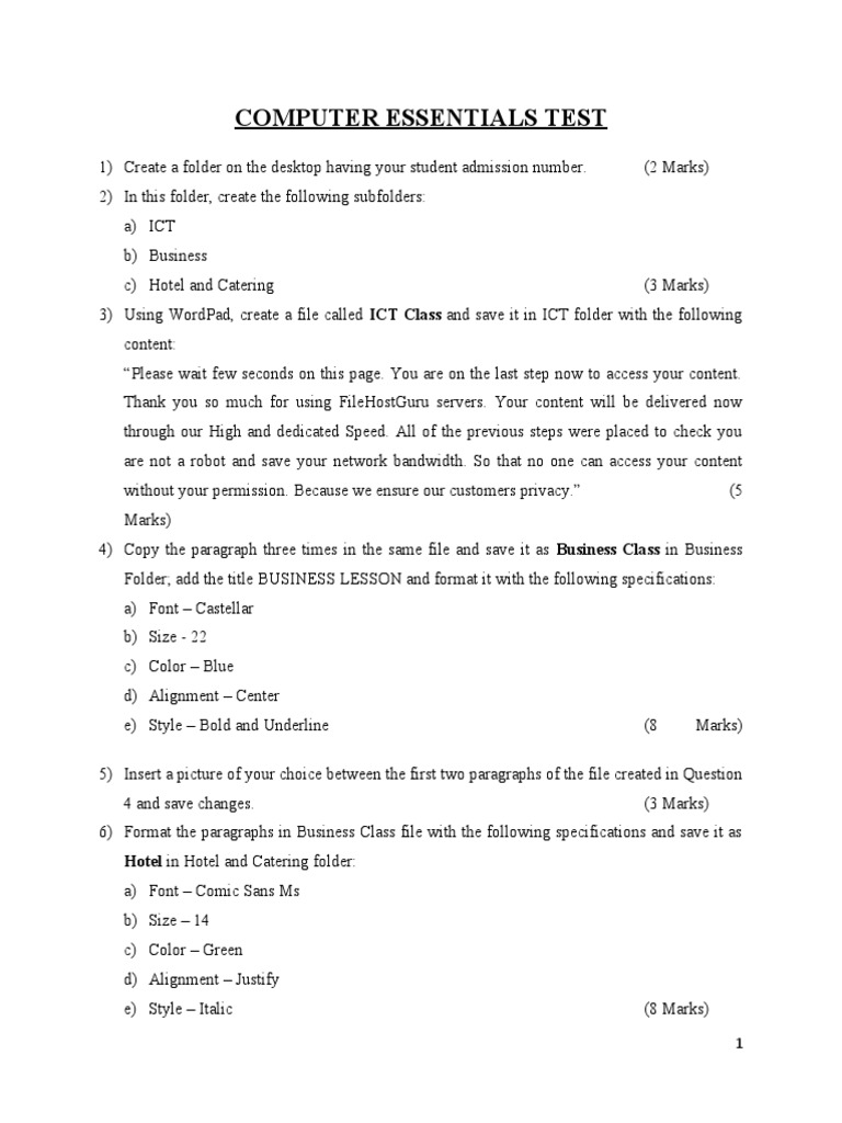 Computer Essentials Test: Hotel in Hotel and Catering Folder | PDF ...