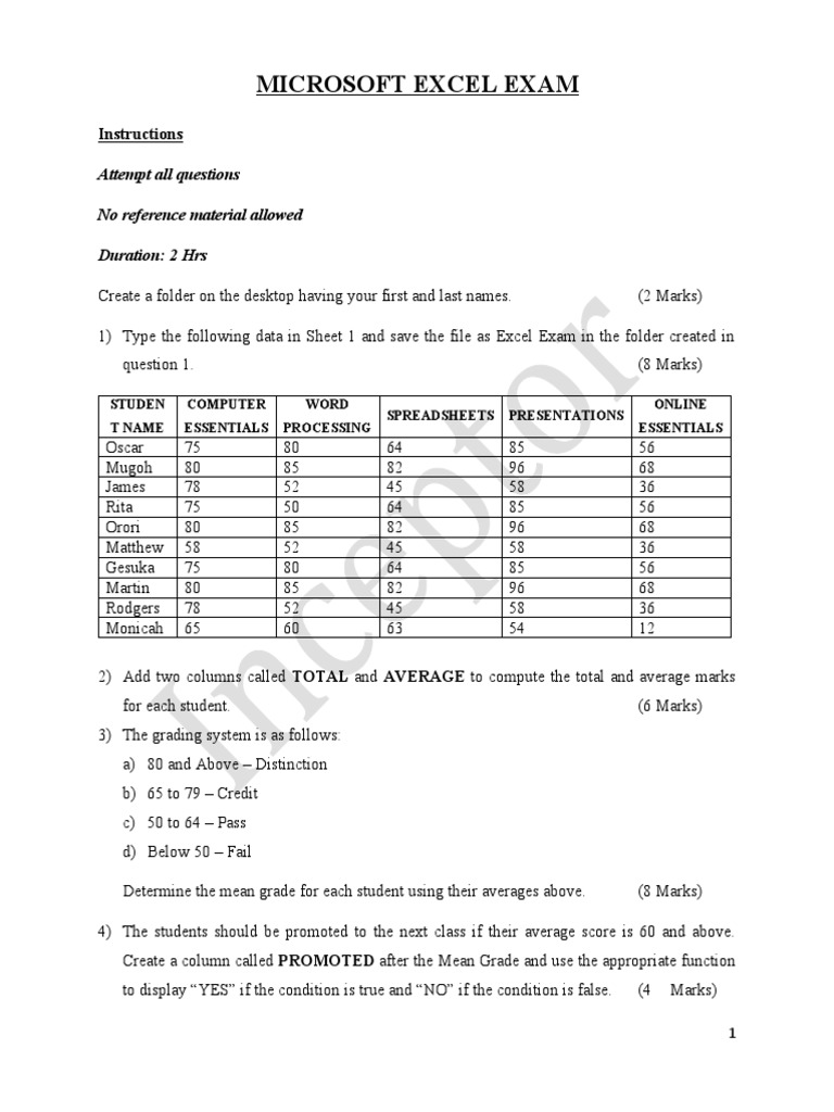 Microsoft Excel Exam: Attempt All Questions No Reference Material ...
