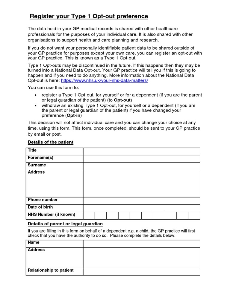 Register Your Type 1 Opt-Out Preference: Details of The Patient | PDF ...