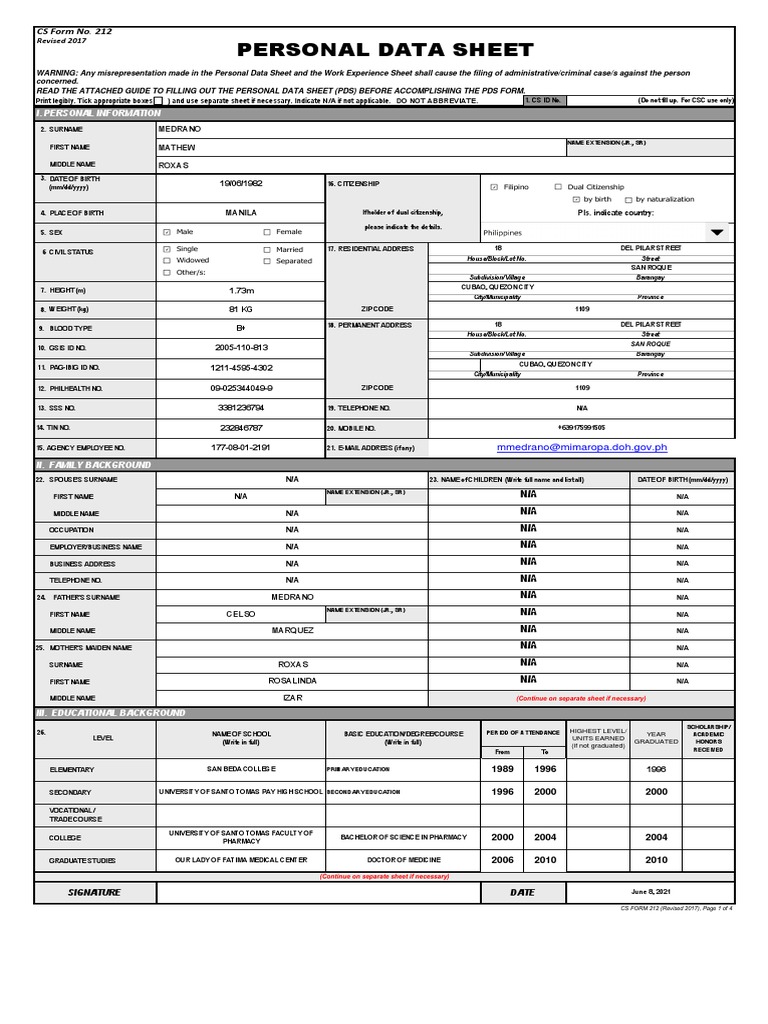 Personal Data Sheet - 2021 | PDF